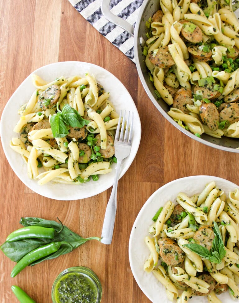 Serrano Pepper Pesto Pasta with Chicken Sausage - The Produce Moms
