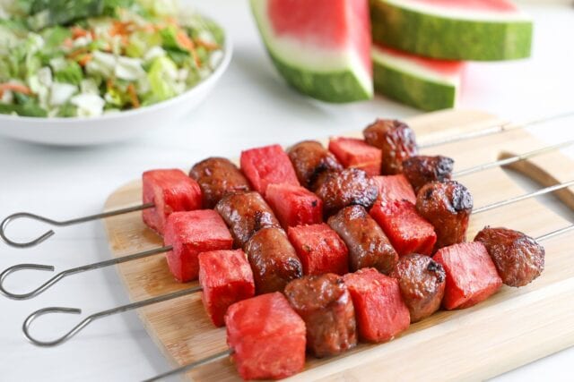 Grilled Watermelon and Italian Sausage Kabobs - The Produce Moms